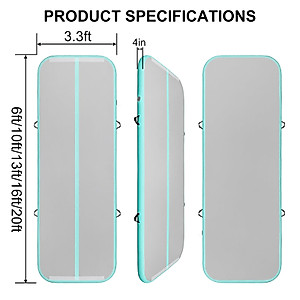 EDOSTORY Inflatable Air Gymnastics Mat 10ft/13ft/16ft/20ft Training Mats 4 inches thick Gymnastics Tracks for Home/Training/Cheerleading/Yoga/Water Sports with 600W Electric Pump Acid Blue 6ft