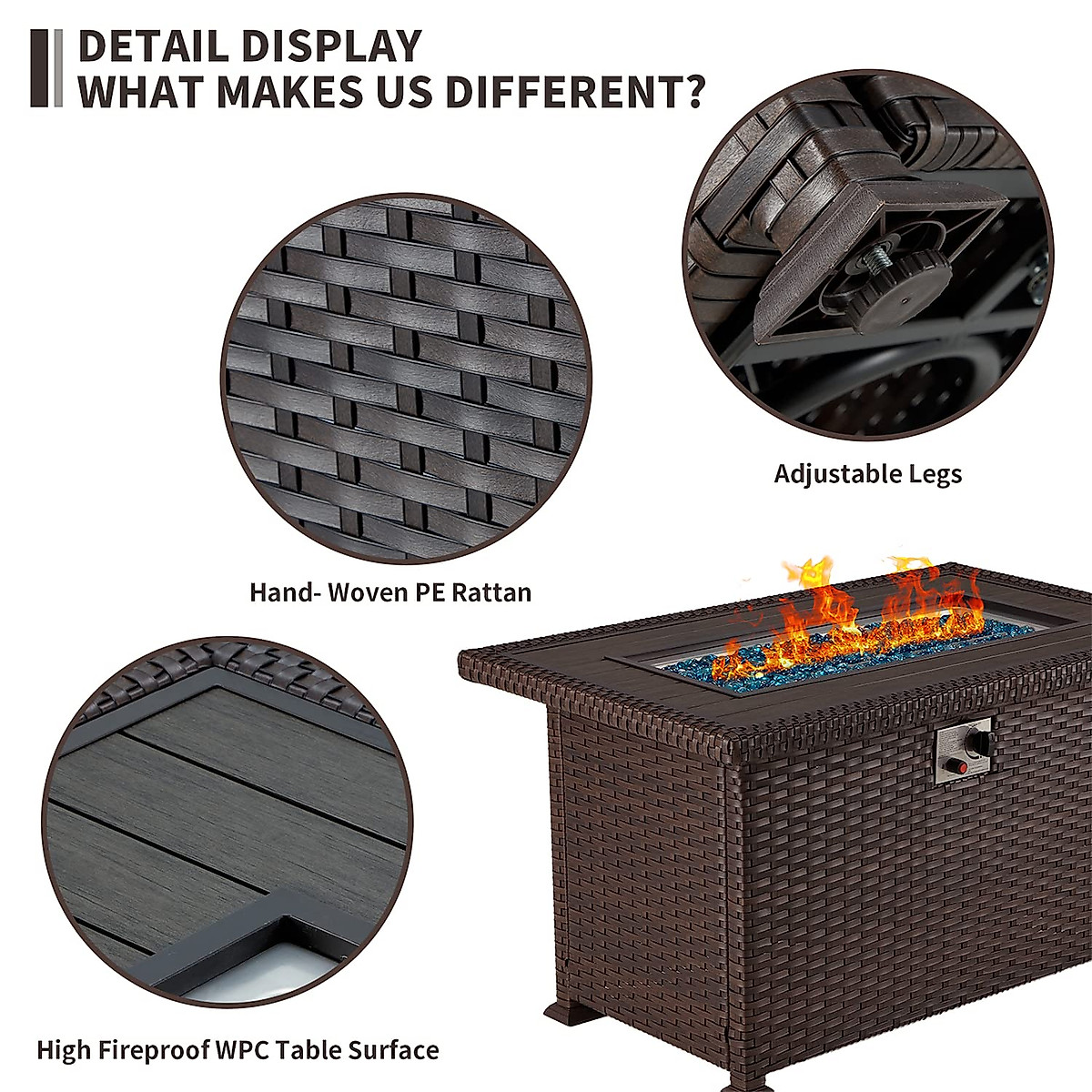 HOMREST Propane Fire Pit Table, Gas Fire Pits for Outside, 50 Inch 50,000 BTU Smokeless Firepit for Outdoor Patio, CSA Approved, Auto-Ignition Adjustable Flame, with Lid, Waterproof Cover, Glass Beads