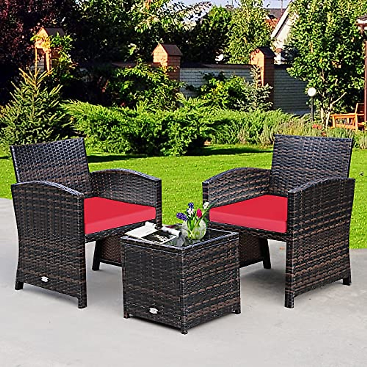 Tangkula 3-Piece Outdoor PE Rattan Furniture Set, Patio Conversation Set w/Chair & Storage Coffee Table, Detachable Cushion, Stable X-Shaped Frame, Perfect for Garden, Backyard, Poolside (Red)