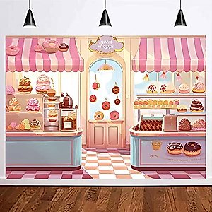 MAQTT Sweet Shoppe Backdrop for Girls Birthday Party Decoration Pink Sweet Shoppe Photography Background for Baby Shower Cute Cream Cake Photo Booth Studio Cake Table Decor 7X5ft