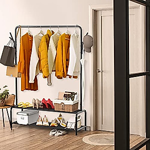 Simple Houseware Garment Rack with Storage Shelves and Coat/Hat Hanging Hooks