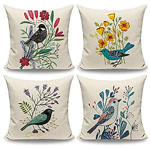 CARRIE HOME Spring Outdoor Pillow Covers 18x18 Set of 4 Farmhouse Decorative Spring Bird and Flower Throw Pillow Covers for Patio Furniture and Couch