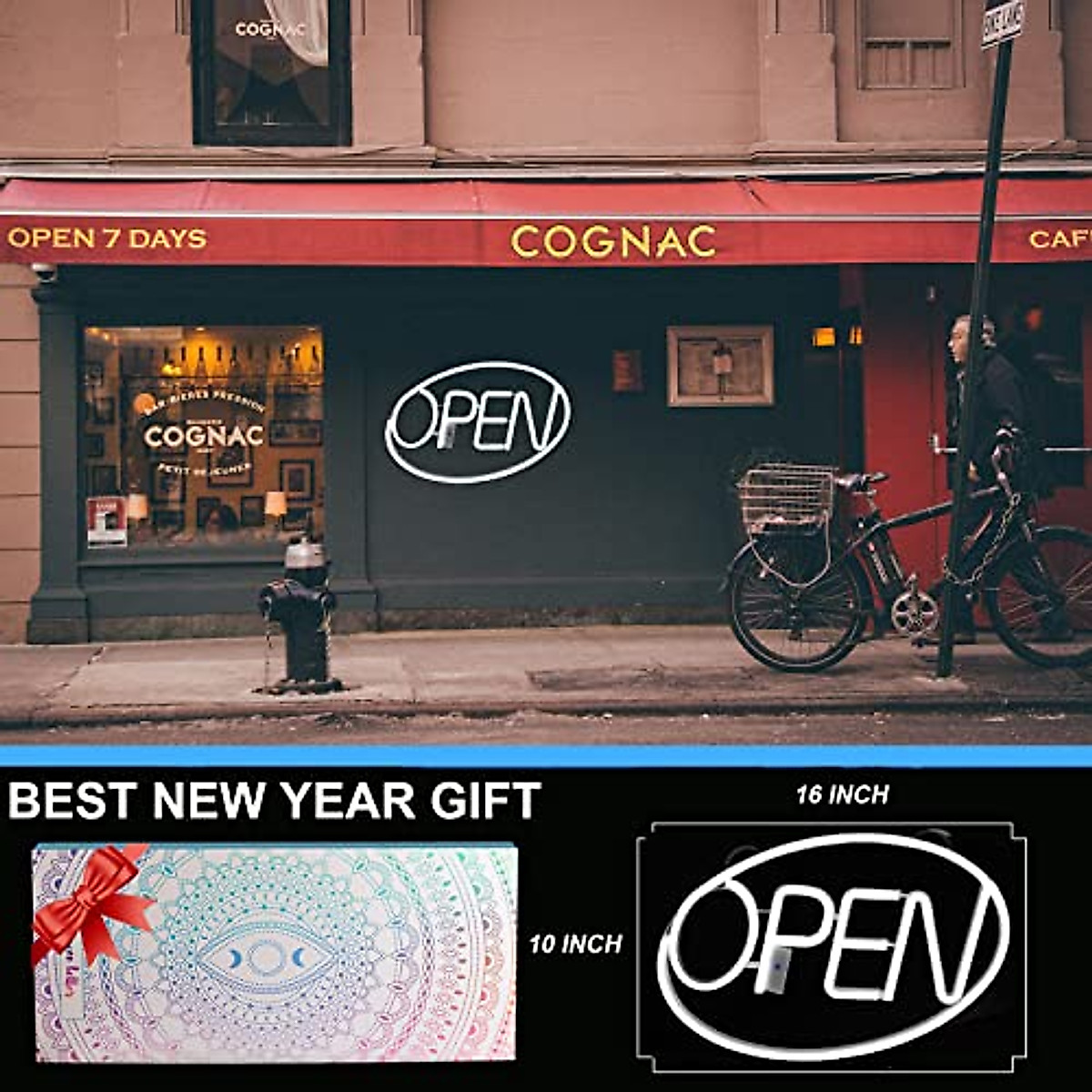 AMEVRGTHS Open Neon LED Sign Light for Business Window, 8 LED Lighting Modes, 16"x 10", Battery/USB Powered with Remote Control Adjustable Brightness for Door Sign Birthday Party Christmas (White)