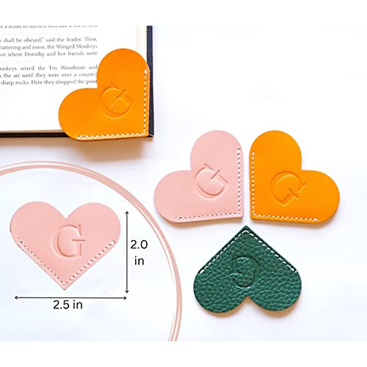 PQ Bees Personalized Leather Handmade Corner Bookmarks( 3 Pcs), 26 Letters Leather Heart Shape Corner Page Bookmark, Cute Bookmarks for Book Reading Lovers Meaningful Gift( G)