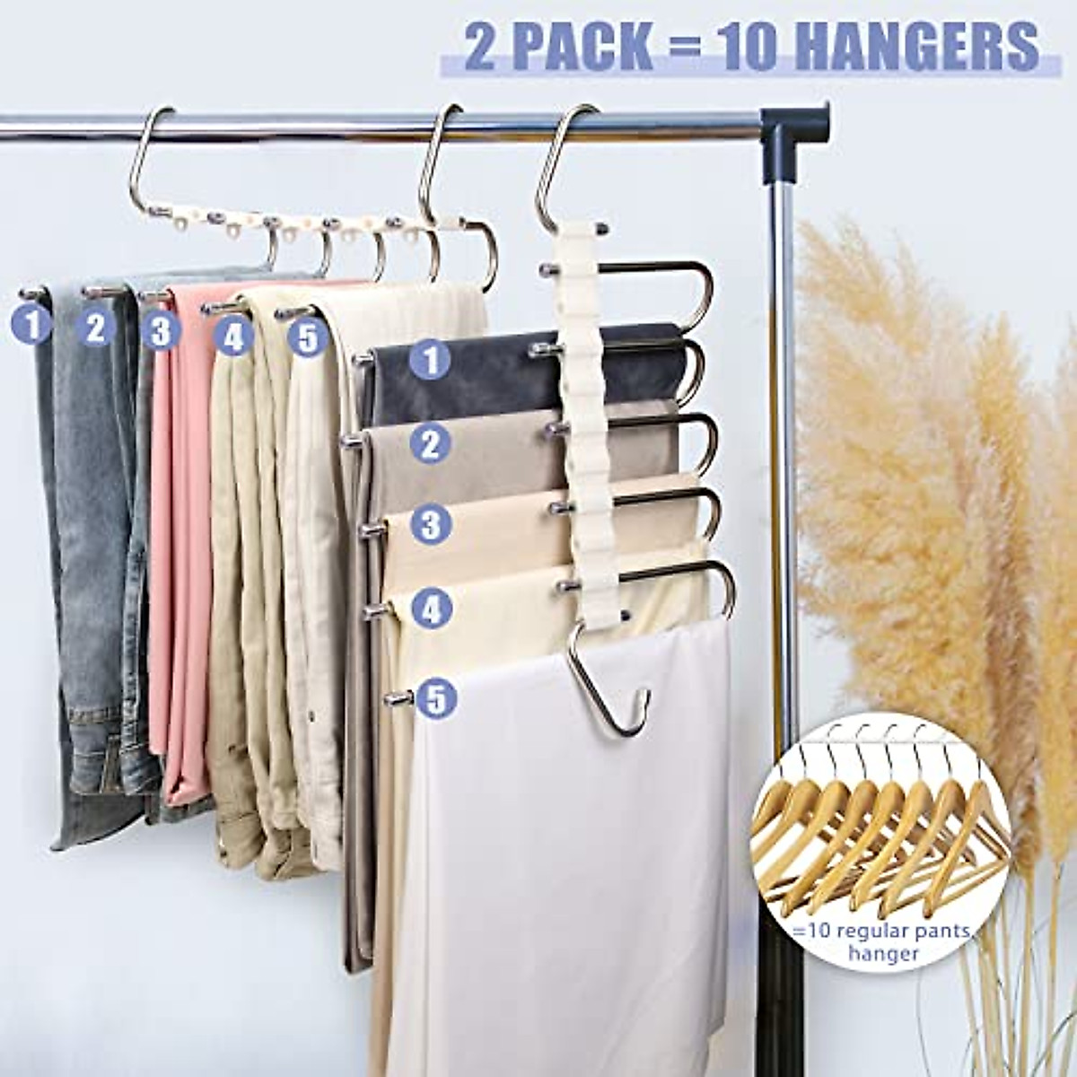 Pants Hangers Space Saving, 2 Pack Non-Slip Pants Rack Hanger Organizer for Closet, Stainless Steel Multiple Layers Multifunctional Pants Organizer for Clothes, Pants, Jeans, Scarf, Trousers