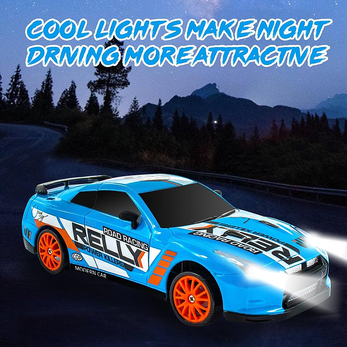 AGNEVE RC Drift Car 1:24 Scale RC Car with LED Lights Glow and Drifting Tires 2.4GHz Remote Control Car 4WD 14KM/h High-Speed RC Cars with 2 Rechargeable Batteries Boys Girls