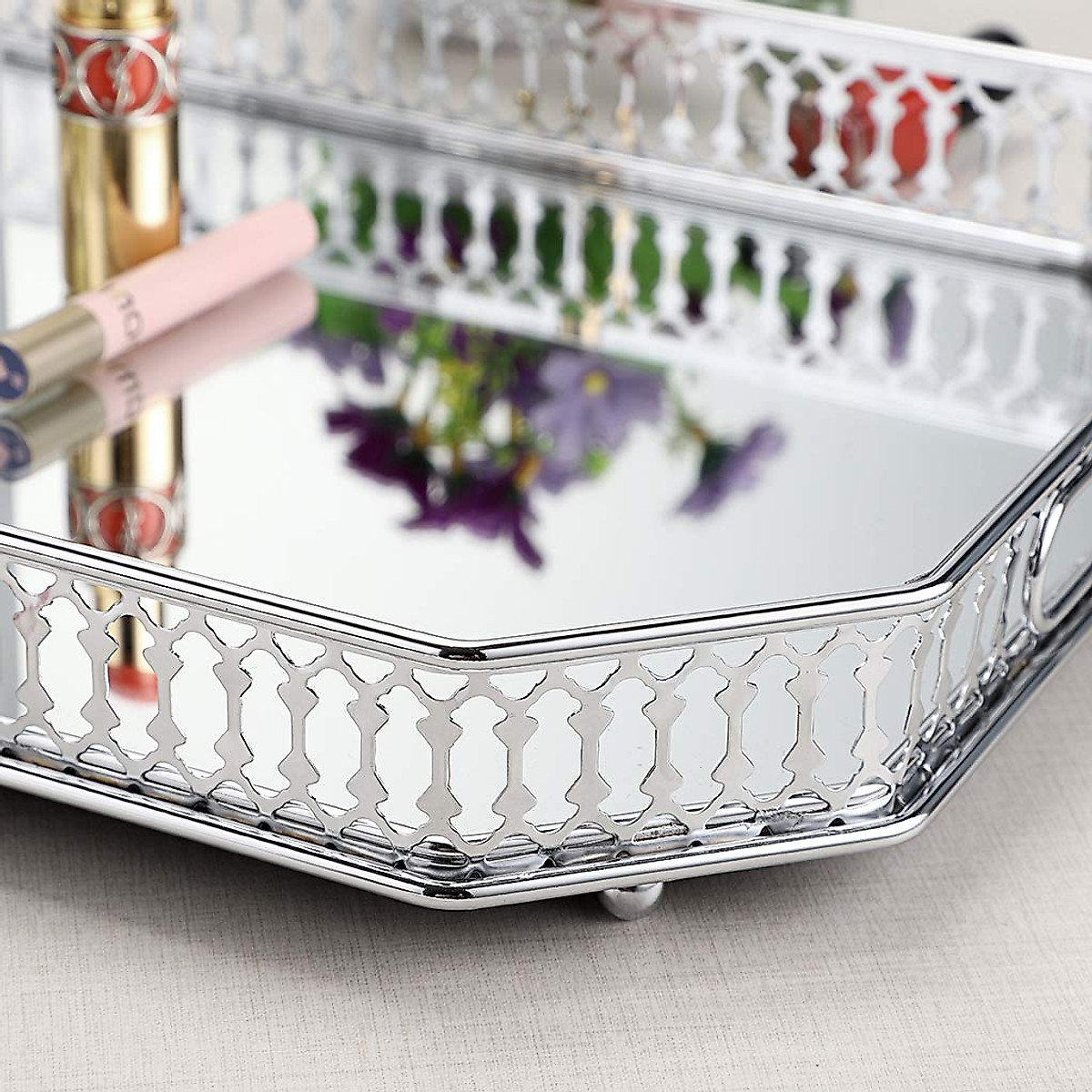 Hipiwe Vanity Makeup Mirror Tray - 13.8" X10" Metal Jewelry Trinket Organizer Tray Cosmetic Perfume Tray Home Decorative Tray for Dresser Bathroom Bedroom Countertop,Large Size