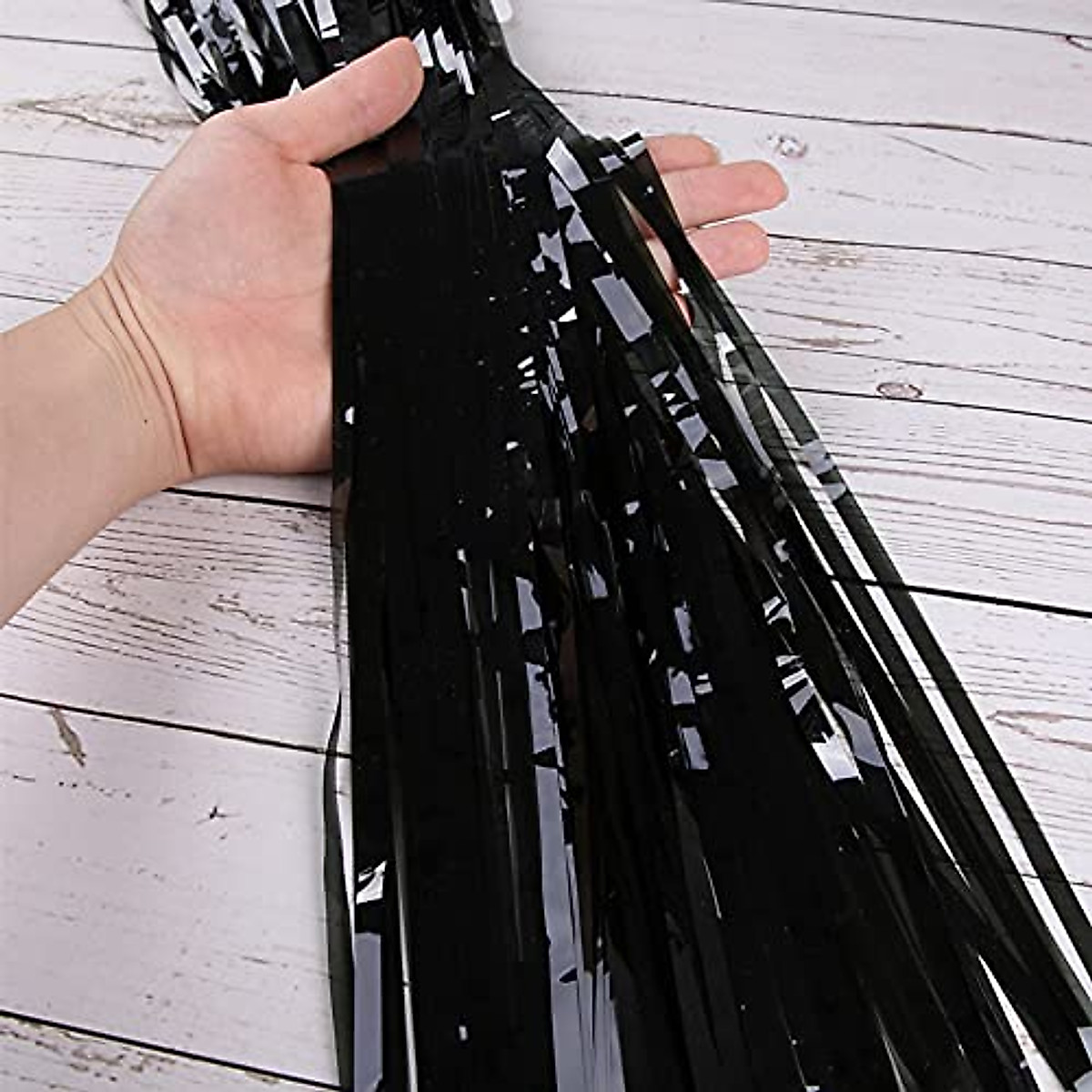 2pcs 3.2ft x 8.2ft Shiny Black Metallic Tinsel Foil Fringe Curtain Photo Booth Backdrop Props for Birthday Wedding Bridal Shower Baby Shower Celebration Bachelorette Party Decorations (Black)