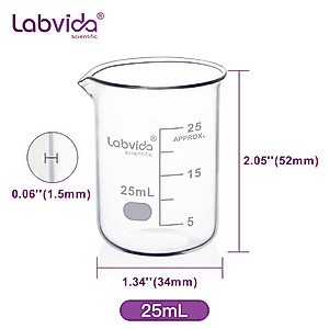 Labvida 24pcs of Low Form Glass Beakers, 3.3 Borosilicate with Printed Graduation, Vol.25ml,LVA037