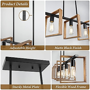 53’’ Farmhouse Kitchen Island Lighting, 5-Light Adjustable Dining Room Light Fixtures, Rustic Wood Chandeliers Black Hanging Light Fixtures for Kitchen, Pool Table Lights, Bulbs Not Included