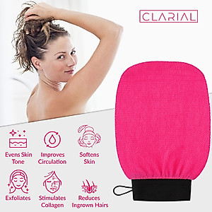 Clarial Exfoliating Body Scrub for Bath and Shower Use - Face Scrubber and Body Exfoliator Mitt, Dead Skin Remover - Exfoliating Glove Shower Scrub for Men and Women - Pair Pink