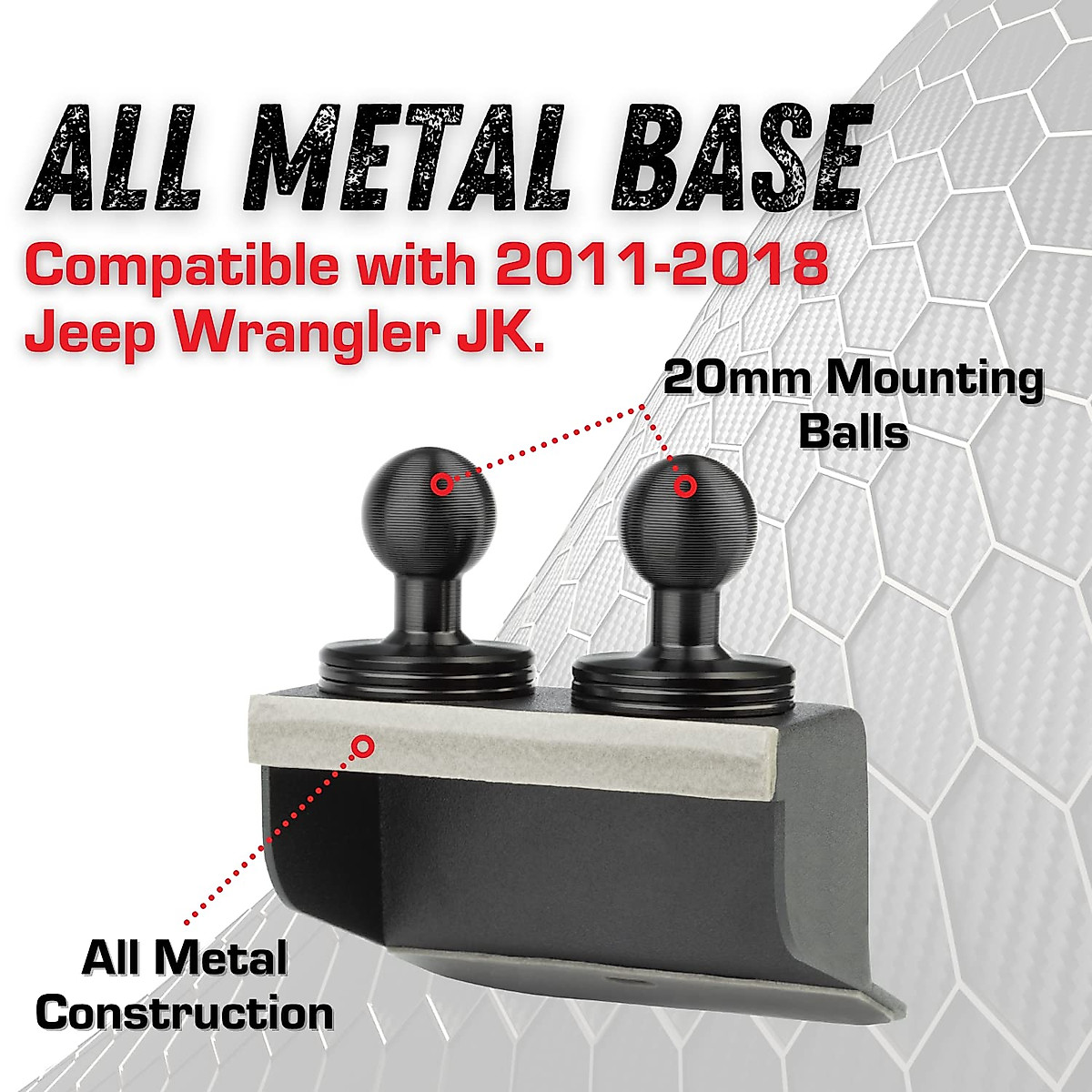 Bulletpoint Dash Mount Cell Phone Holder Compatible with 2011-2018 Jeep Wrangler JK JKU 20mm Ball Mount (Dual Ball Metal Base with Phone Holder + Action Camera Mount)