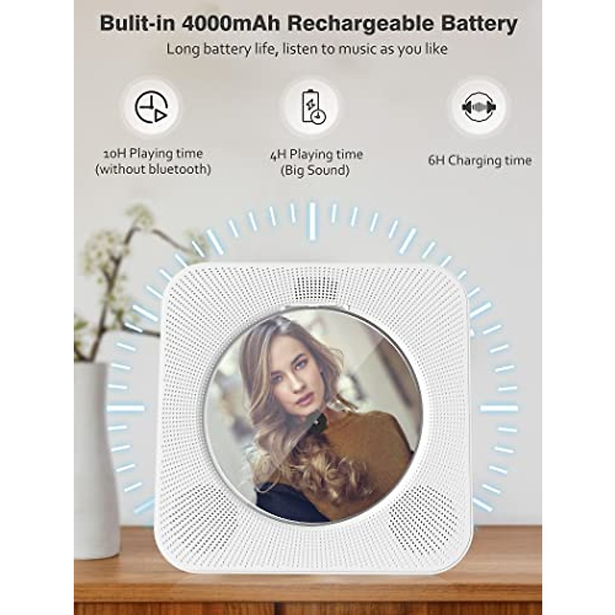 Portable CD Player with Bluetooth: 4000mAh Rechargeable Kpop Music Player with HiFi Speaker,Remote Control,LCD Display,Sleep Timer,Headphone Jack, Supports CD/Bluetooth/FM Radio/U-Disk/AUX