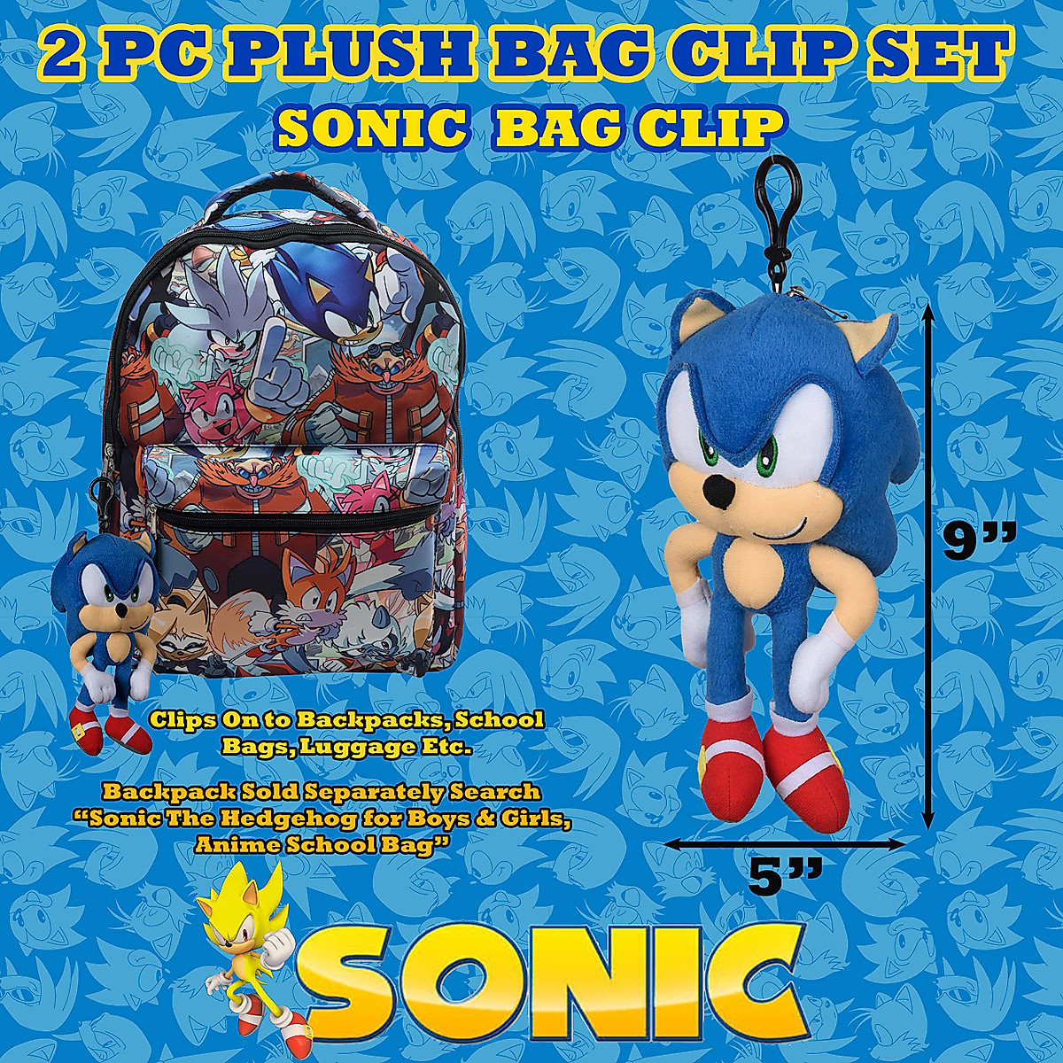 AI ACCESSORY INNOVATIONS Sonic The Hedgehog Sonic & Super Sonic Plush 8" Bag Clip Set, Toys for Kids, Toddler, & Preschoolers, 2 Pc