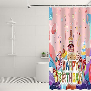 DLTAY Happy Birthday Shower Curtain, Birthday Cake Pattern Celebration Fete Day Birthday Party Decorations Gift Cute Pink Bathroom Decor Set with 12 Hooks, 72x72 inches