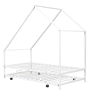 Metal House Bed with Trundle, Montessori Bed Twin Size Platform Bed Frame with Roof, Tent Bed, Modern Style Heavy-Duty Steel Frame Playhouse Bed for Kids Teens Girls Boys (Twin, White)