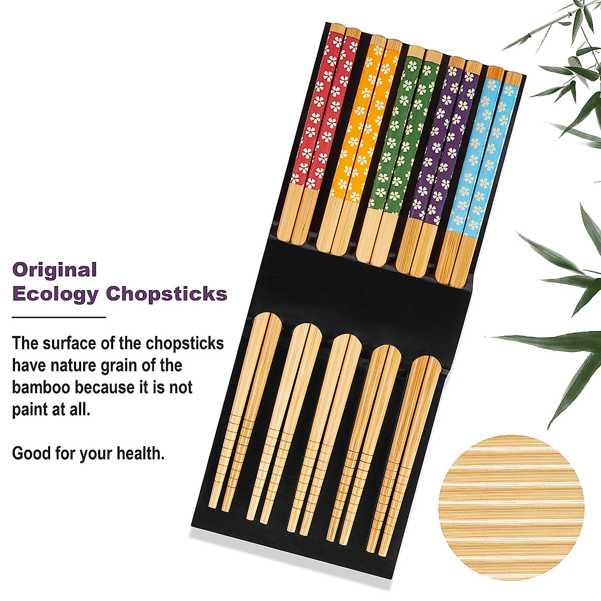 Lourmet 5 Pairs Multicolor Bamboo Chopsticks 8.8 inches Long - Reusable Chopsticks Dishwasher Safe for Chinese Foods, Japanese Chopsticks, Non Slip and Sturdy