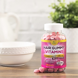 Sugar Free Hair Vitamins Gummies with Biotin 5000 mcg, Vitamin A, B12, C, D, E, Folic Acid, Supports Hair Growth Gummy, Vegetarian Friendly, Supports Strong Beautiful Hair and Nails - 120 Gummies