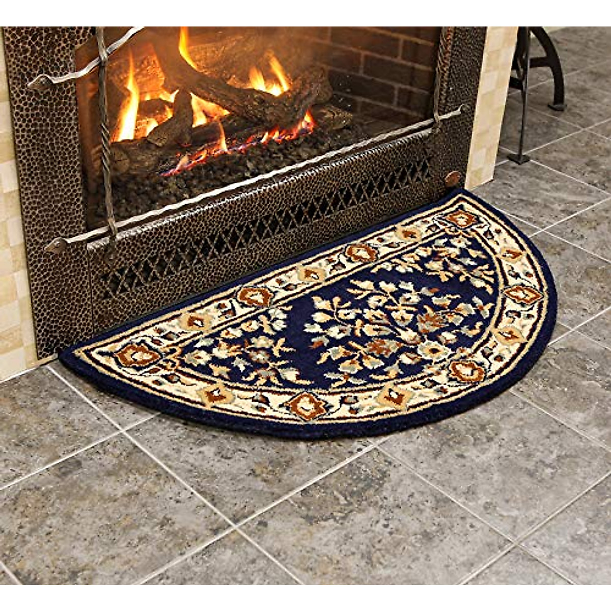 Minuteman International Blue Oriental Wool Hearth Rug, Half Round