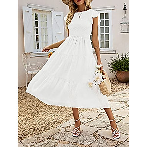MEROKEETY Women's Summer Dresses for Women 2022 Swiss Dot Crew Neck Smocked Midi Dress,White,S
