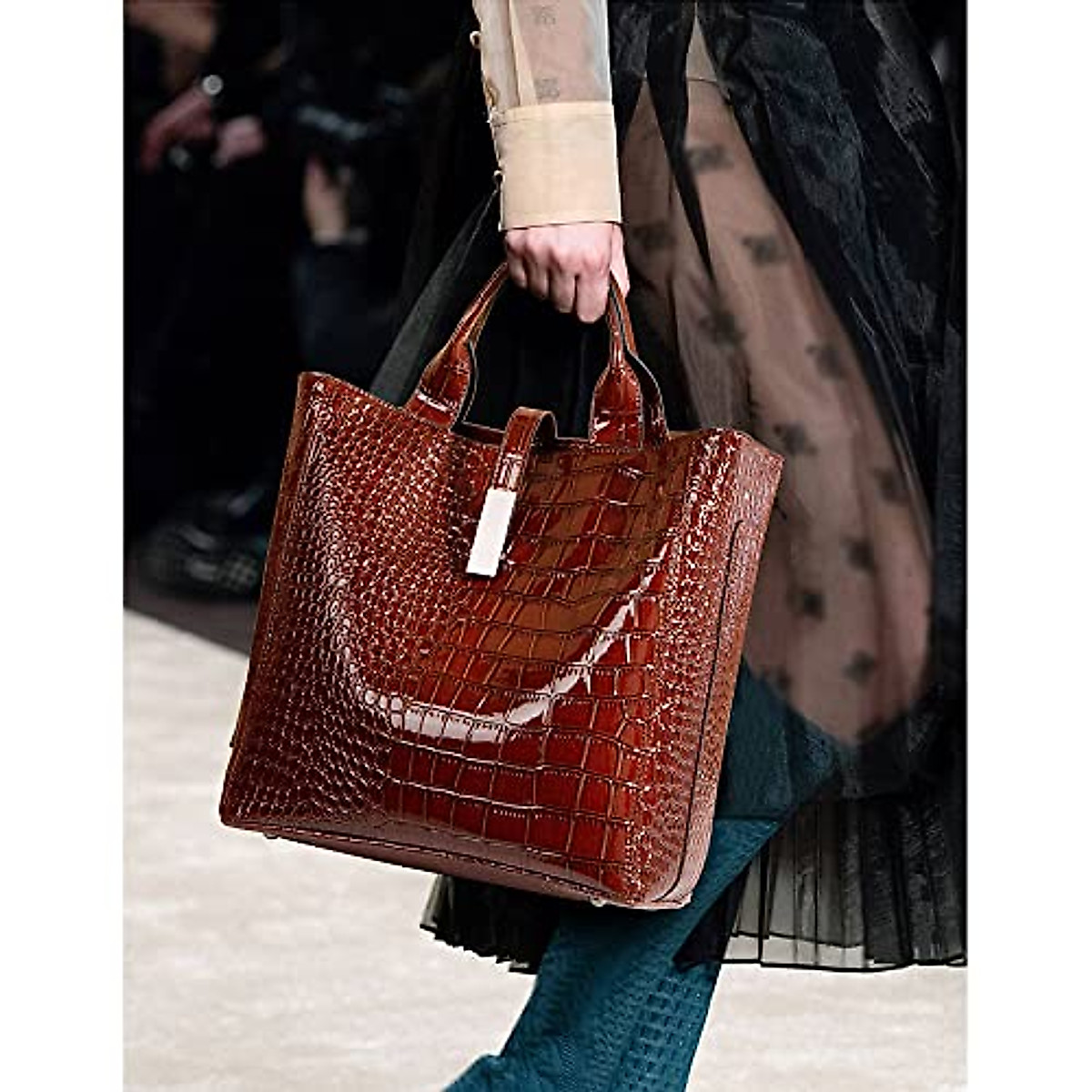 ZiMing Women Handbags and Purses Set Glossy Crocodile Pattern Leather Tote Bags Cross-body Bag Satchel Handbag Wallet Wristlets Bag 3 Pcs -Brown
