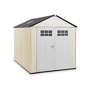 Rubbermaid Resin Outdoor Storage Shed With Floor (7 x 10.5 Ft), Weather Resistant, Beige/White, Organization for Home/Backyard/Garden Tools/Lawn Mower/Bike Storage/Pool Supplies