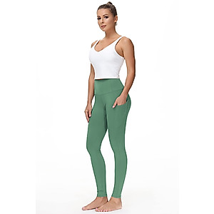 THE GYM PEOPLE Thick High Waist Yoga Pants with Pockets, Tummy Control Workout Running Yoga Leggings for Women (Small, Light Green)