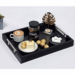 Serving Tray with Polished Metal Handles, 16.5''x12'' Rectangle Coffee Table Tray, Modern Decorative Tray, Large Ottoman Tray, Perfect for Storage and Display (Black)