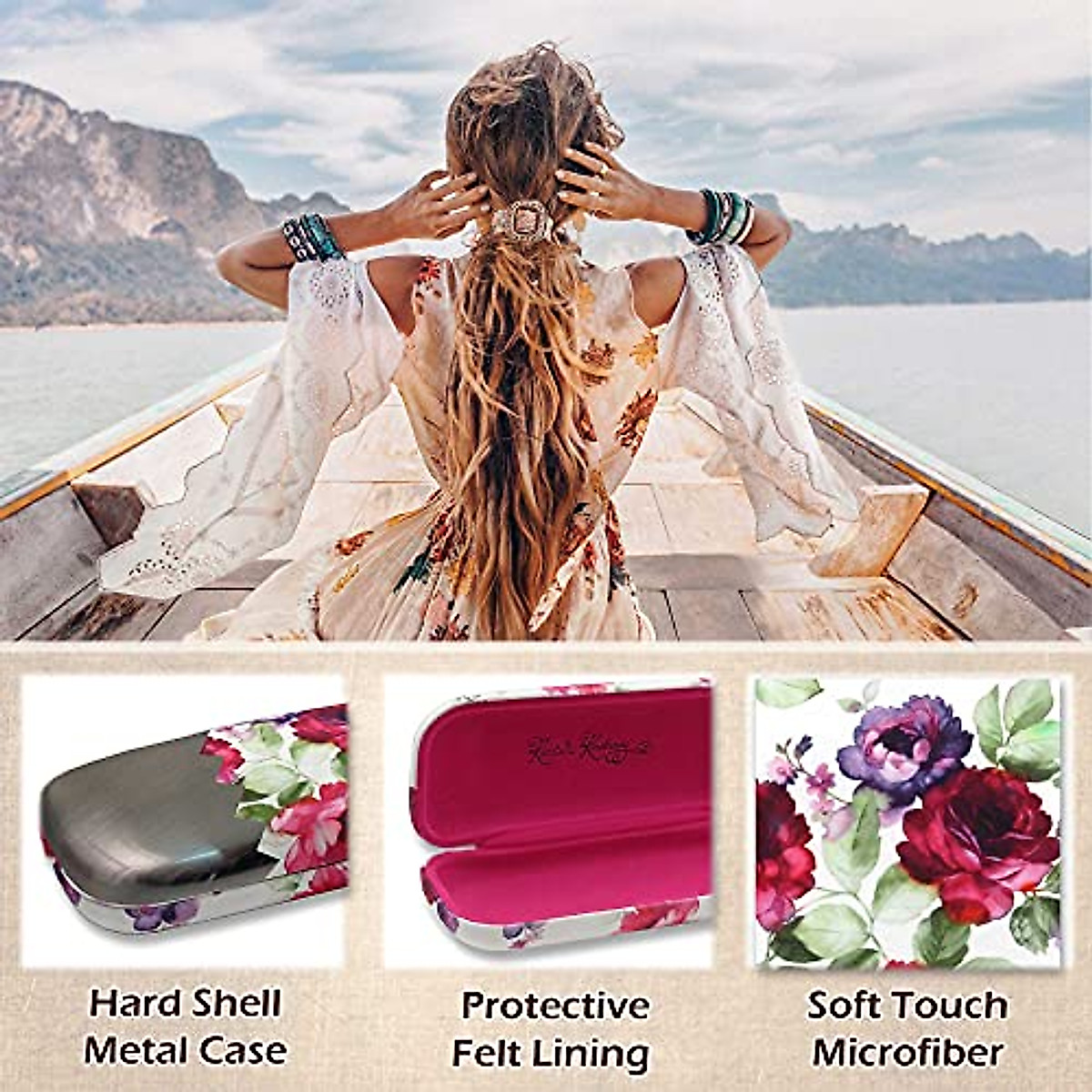 Rachel Rowberry Floral Hard eyeglass case | Glasses Case Hard Shell with Microfiber Drawstring Pouch and Cleaning Cloth | Protective Small sunglasses case for women (AS126 Cranberry Rose)