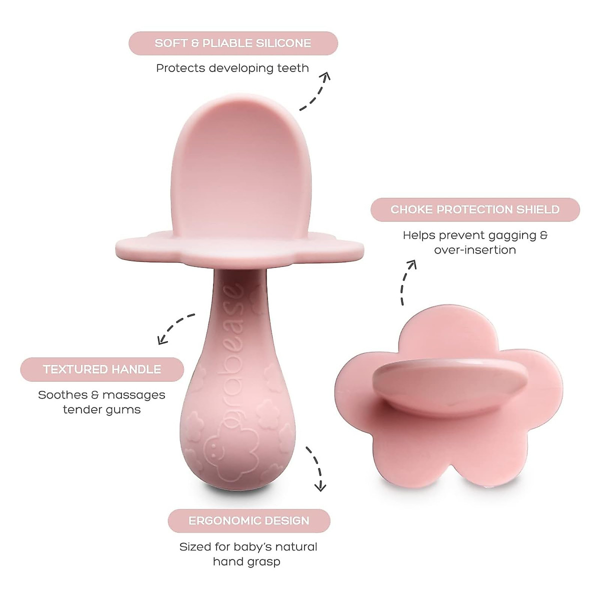 Grabease Baby Silicone Spoon Set for Baby-Led Weaning & First Stage Self-Feeding: Soft, Safe 100% Food-Grade Silicone, Safe for Dishwasher, No BPA/PVC/Latex/Phthalates, Set of 2 Blush Spoons