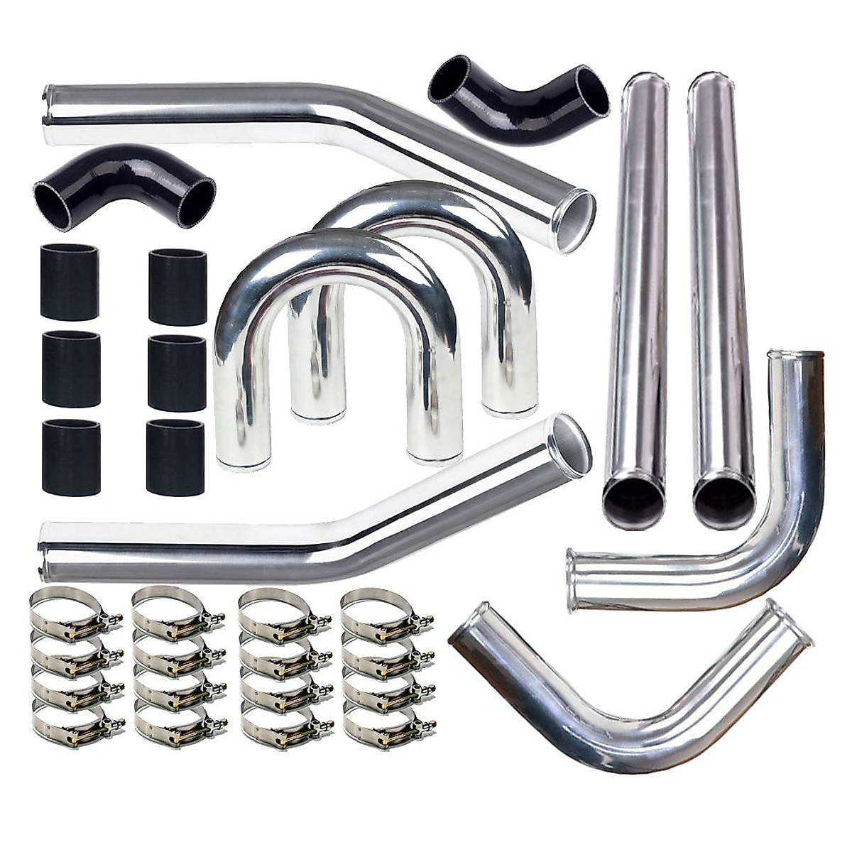 MooSun 2" 8-Pcs Universal Intercooler Pipe Piping Turbo Polished Aluminum Kit with Silicone Hoses and Stainless Steel T-Clamps