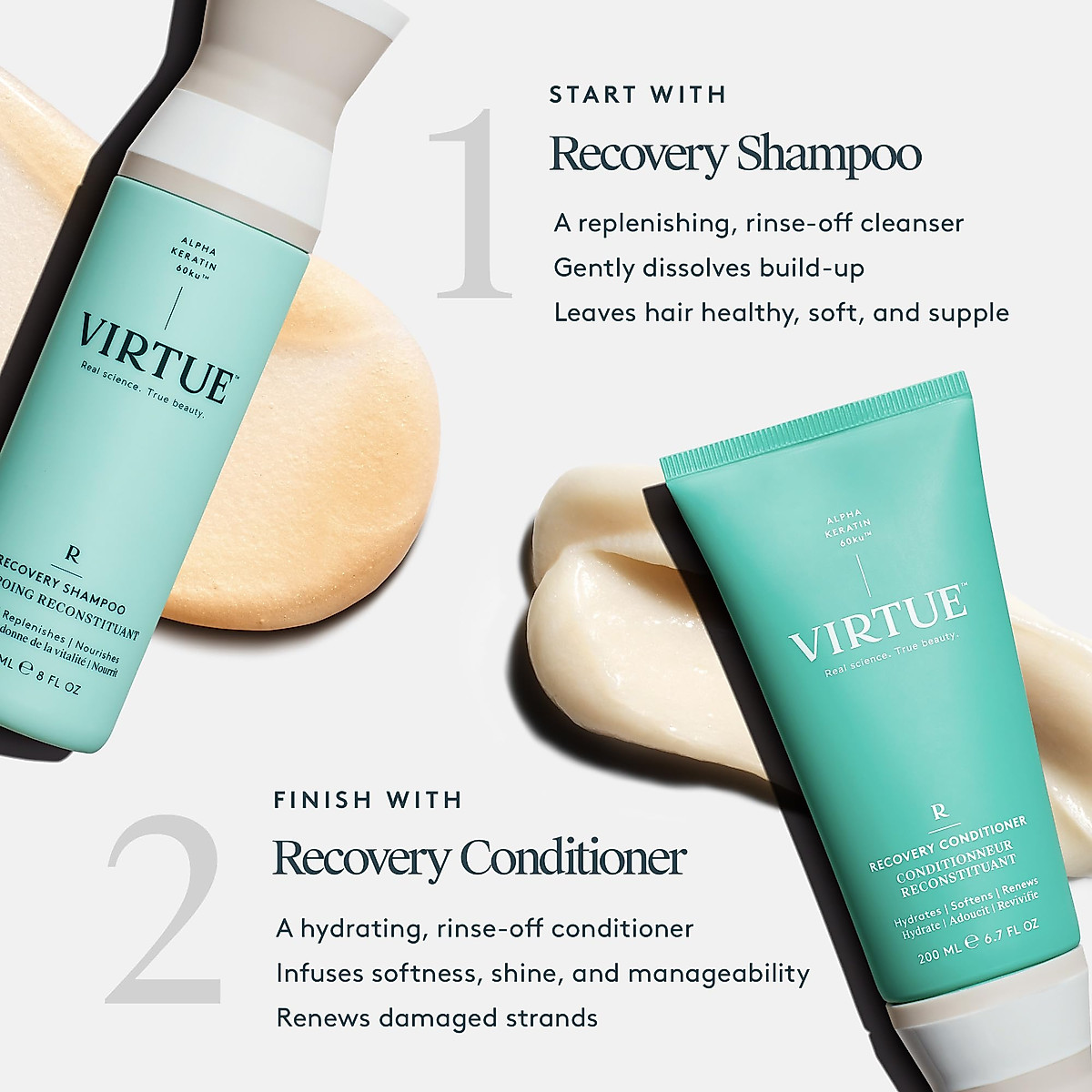 VIRTUE Recovery Sulfate Free Shampoo with Keratin and Baobab Seed Oil for Damaged Hair, Color Safe