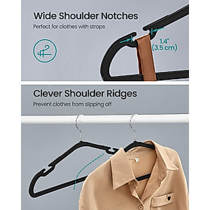 SONGMICS Clothes Hangers 50 Pack, Heavy-Duty Plastic Hangers, Coat Hangers with Wide Shoulder Notches, Pant Bar, 360° Swivel Hook, Space-Saving, 16.4 Inches, for Closet, Ink Black UCRP060B01