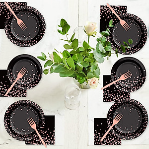 96PCS Black and Rose Gold Party Supplies Rose Gold Paper Plates Napkins Women Birthday Decorations Party Tableware Set Black Disposable Paper Plates Table Decors for Wedding Bridal Shower Serve 24