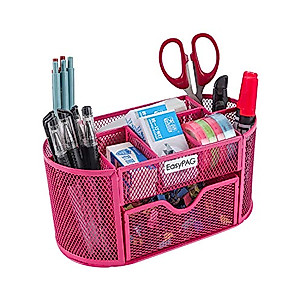 EasyPAG Desk Organizer Mesh Desktop Office Supplies Multi-functional Caddy Pen Holder Stationery with Drawer,Pink