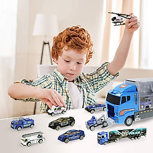 Jenilily Police Car Toy Blue Truck Toy Transporter Mini Vehicles Playsets in Carrier Truck for Kids 3 4 5 6