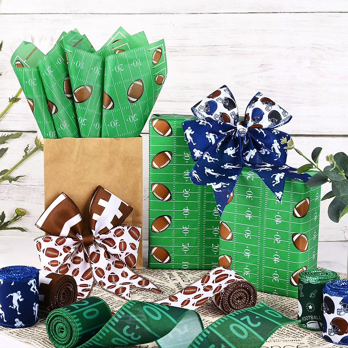 Kavoc 100 Sheets 20 x 14 Inch Football Tissue Paper Rugby Ball Wrapping Paper Sheets Bulk for Gift Wrapping Green Football Field Tissue Paper for Birthdays Party Gift Bag DIY Pompom Confetti Crafts