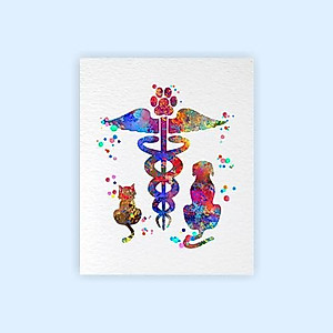 Dignovel Studios 11X14 Unframed Veterinary Caduceus Animal Clinic Pet Watercolor Art Print Poster Housewarming Wall Art Giclee Office Home Decor DN539