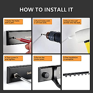 Geobella Coat Hooks Wall Mounted with 3 Rail Silding Hooks for Hanging Coats Purse Clothes Jacket Backpack Entryway Bathroom，Black