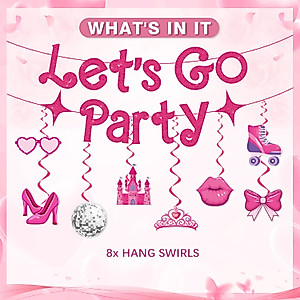 Pink Princess Birthday Hanging Decorations, with 1pcs No Diy Lets Go Party Banner And 8pcs Pink Princess Hanging Swirls, Pink Disco Party Decorations, Pink Bachelorette Party Decorations