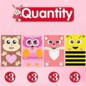 Funnlot Valentine Day Gift Bags For Kids 12PCS Cute Valentine Candy Bags Valentine Treat Bags Animals Valentine Paper Bags With Handles For Chocolate Snacks Valentine Party Favor Bags