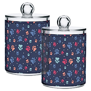 2 Pack Qtip Holder Dispenser Paw Navy Blue Apothecary Jars with Lids Dog Plastic Acrylic Bathroom Vanity Countertop Canister Storage Organizer for Cotton Ball,Swabs,Pads,Floss