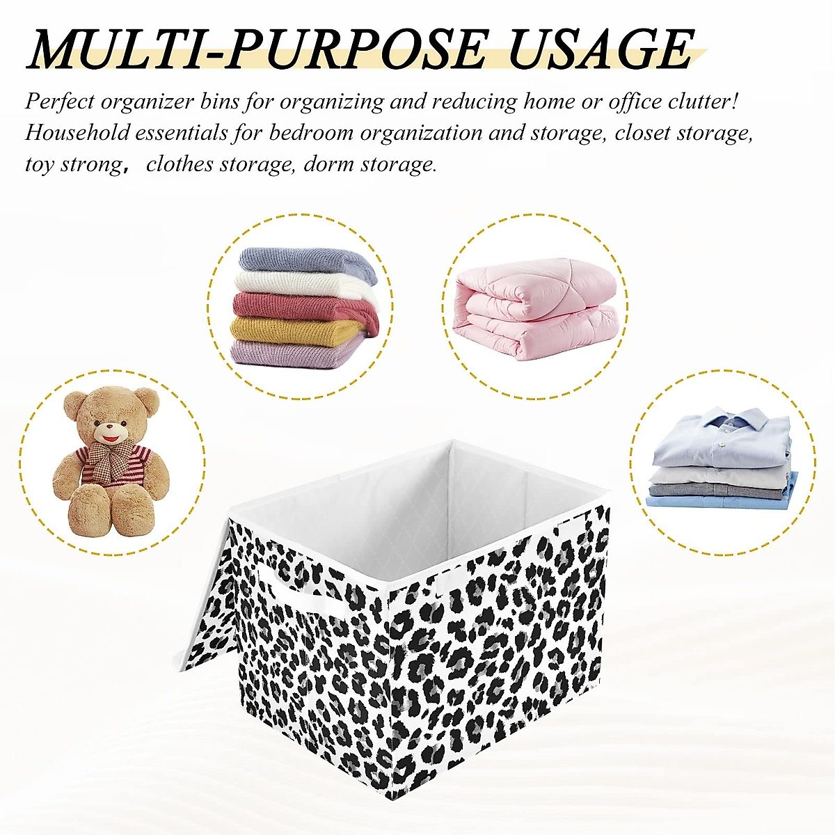 Joisal White Leopard Black Cheetah Collapsible Flip-Top Storage Box with Lid, Stackable Storage Boxes, Large Storage Bags, with Handle and Full Print