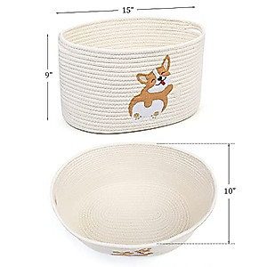 PrimePets Dog Toy Basket, Cotton Rope Storage Basket with Handles, 15x10x9 inch Dog Toy Bin, Puppy Bin, Small Laundry Basket for Kids, Gift for Dog Lovers