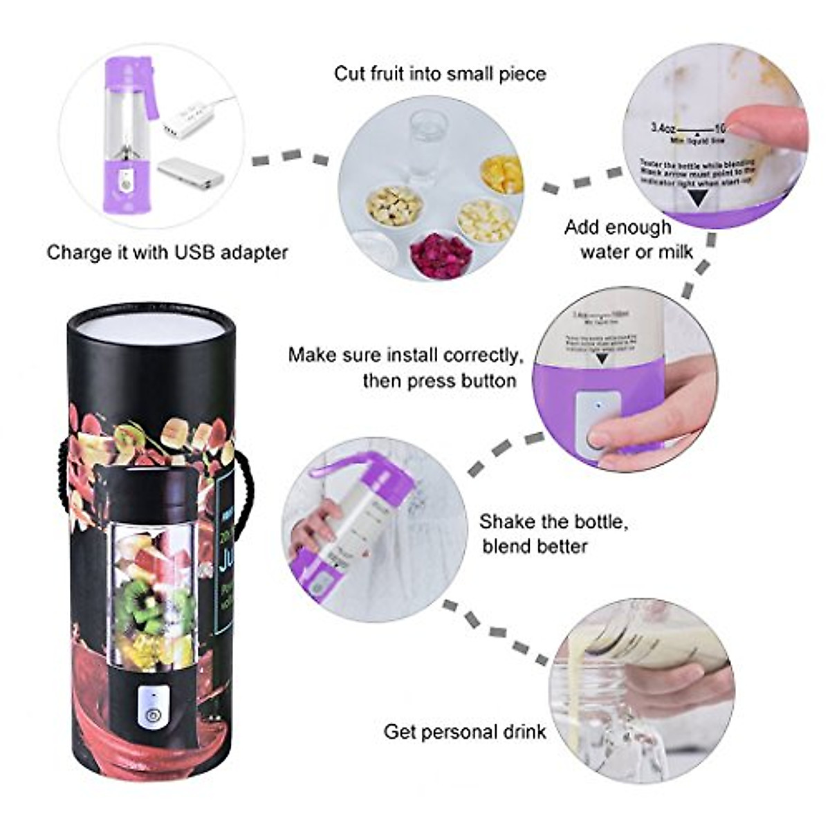 Portable Blender for Shakes and Smoothies USB Rechargeable Travel Juicer Cup Electric Mini Personal Size Blenders Frozen Fruit Ice Mixer Baby Food Mixing Machine with 6 Blades for Sports Travel and Outdoors 13.5oz (Purple)