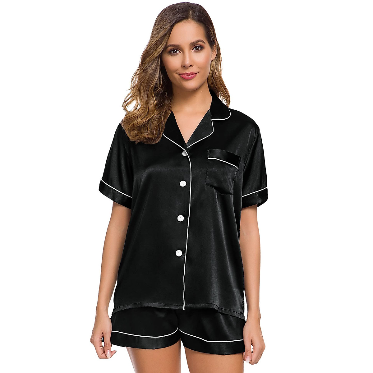 SWOMOG Womens Silk Satin Pajamas Set Two-Piece Pj Sets Sleepwear Loungewear Button-Down Pj Sets Black