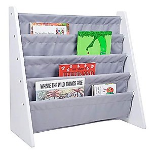 Wildkin Kids Canvas Sling Bookshelf for Boys and Girls, Wooden Design Features Four Fabric Shelves, Keep Bedrooms, Playrooms, and Classrooms Organized, Measures 25 x 24 x 11 Inches (White w/Gray)
