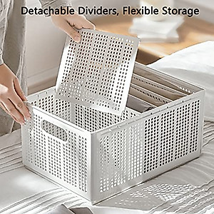 OMSORG Clothes Organizer for Folded Clothes, Plastic Storage Basket with Removable Partitions, Stackable Wardrobe Clothes Organizer Closet Storage Bins, for Bedroom Bathroom Home Organization