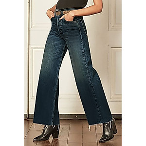 PEIHOT Mid Waisted Wide Leg Jeans for Women 90S Jeans Mid Rise Pull On Jeans Straight Leg Loose Fit Denim Pants Dark Blue