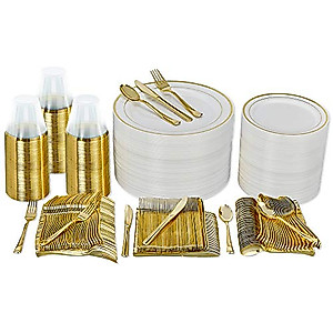 600 Piece Gold Dinnerware Party Set (100 Guest), 100 Dinner Plastic Plates, 100 Salad Gold Plates, 100 Gold Plastic Silverware Set, 100 Gold Plastic Cups Disposable Party Pack Wedding Birthday Parties